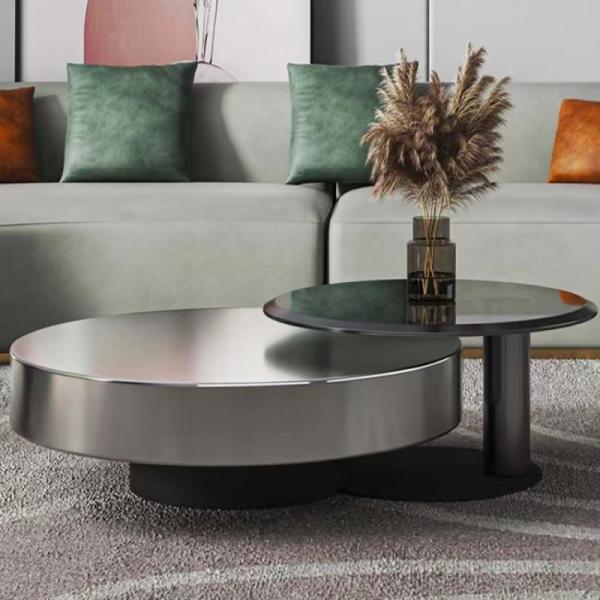 Quality 80X32 Stainless Steel Circle Round Glass Top Coffee Table Black Gold Base for sale