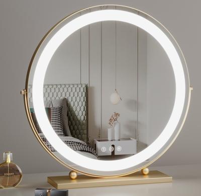 China Gold Frame Round Rotating Tabletop Makeup Mirror with LED Light for Dressing Table Vanity for sale