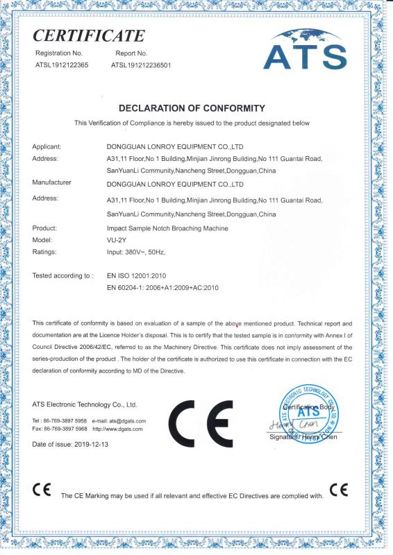 CE CERTIFICATE - DONGGUAN LONROY EQUIPMENT CO LTD