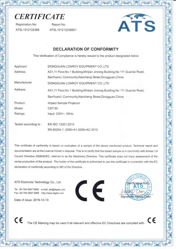 CE CERTIFICATE - DONGGUAN LONROY EQUIPMENT CO LTD