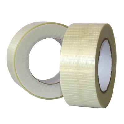 China Rubber Hot Melt Double Sided Bi Directional Fiberglass Mesh Crossed Tape For Shrink Packing for sale