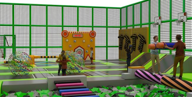Close-up view of safe, padded trampoline park components