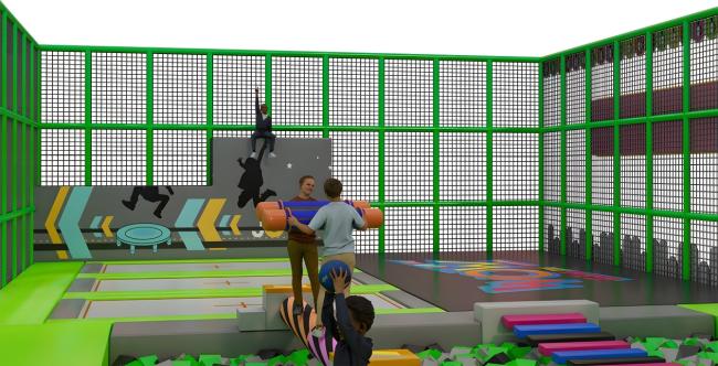 Full view of customizable indoor trampoline park setup