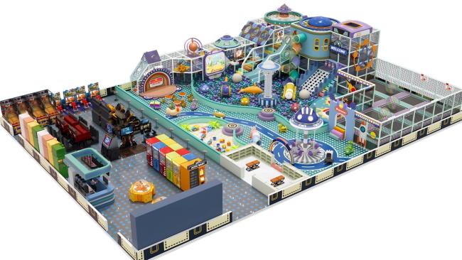 Ocean themed indoor playground with slides and climbing structures