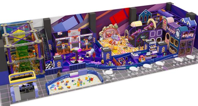 Space-themed indoor playground with colorful ball pool and slide