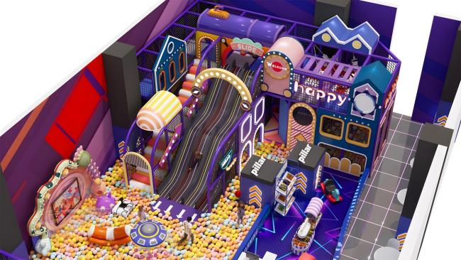 Wide view of complete space-themed playground setup