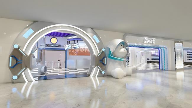 Space-themed indoor playground with colorful structures