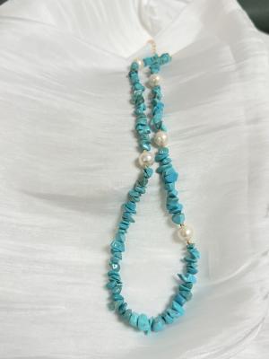 China Adjustable Length Turquoise Stone Golden Clasp Freshwater Pearl Necklace with Natural Pearls for sale
