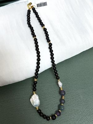 China Pastel Color Baroque Pearl Necklace with Black Beads and Adjustable Length for sale