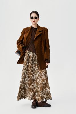 China Autumn And Winter New Retro Double Breasted Waist Cinched Pu Jacket French Retro Floral Half Skirt High Waist Slimming Effect Mid Length A-line Skirt for sale