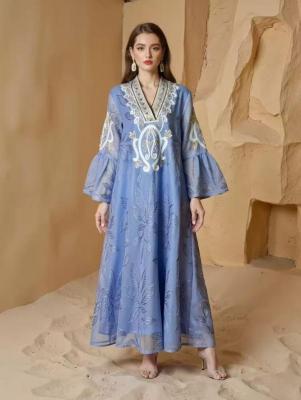 China SMT187  Middle Eastern Modest Wear Blue Feather Embroidered Bell Sleeve Maxi Robe for sale