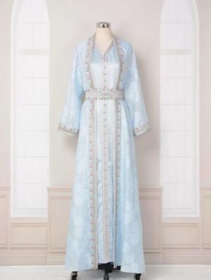 China MT073  Middle Eastern Modest Wear Sky Blue Floral Embroidered Button-Front Abaya for sale