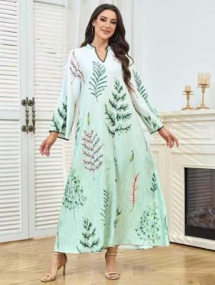 China MT534  Middle Eastern Modest Wear Mint Green Botanical Print V-Neck Abaya for sale