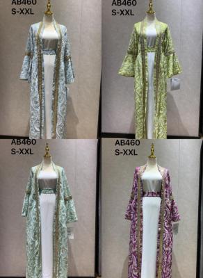 China AB460 Middle Eastern Modest Wear Leaf Print Embellished Robe Set (Four Colorways) for sale