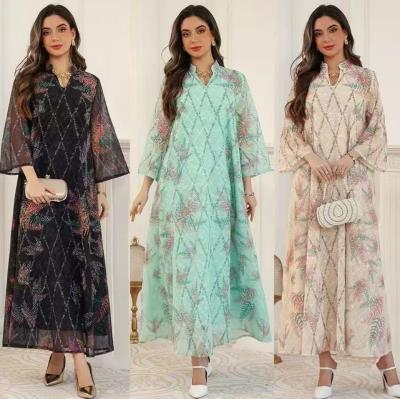 China AB511  Middle Eastern Modest Wear Geometric Leaf Print Chiffon Abaya (3 Colors) for sale