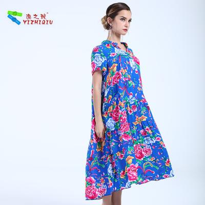 China YIZHIQIU Customized Printing Blue Floral Beach Dress for sale