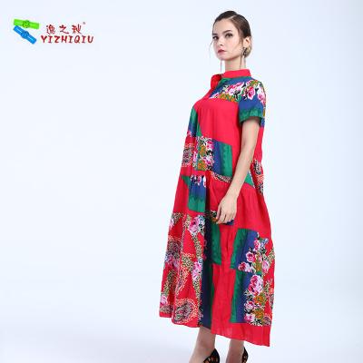 China YIZHIQIU Red Sexy Retro Flower V Neck Maxi Dress for sale