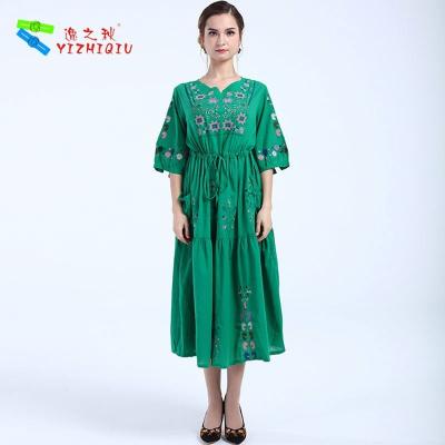 China YIZHIQIU embroidery green women boho dress for sale