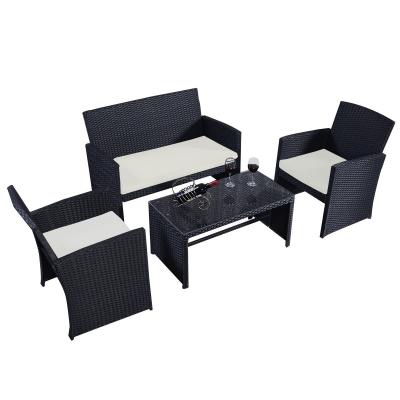 China 4pc Rattan Sofa Furniture Set Patio Garden Lawn Cushioned Seat Black Wicker (Black) for sale