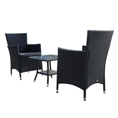 China 3PC Patio Outdoor Rattan Furniture Set Cushioned Garden Table and Chairs with Gray Cushions, Black PE Wicker for sale