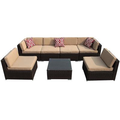 China 7pc Outdoor PE Wicker Rattan Sectional Furniture Set with Beige Seat and Back Cushions, Red Throw Pillows, Aluminum Fram for sale