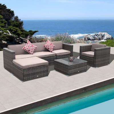 China 6pc Outdo6pc Outdoor Rattan Sectional Furniture Set with Light Brown Seat and Back Cushions, Red Thro, Aluminum Frame, D for sale