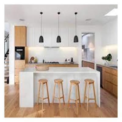 China Easy Clean White Wood Grain Gloss Kitchen Cabinets with Artificial Quartz Countertop for sale