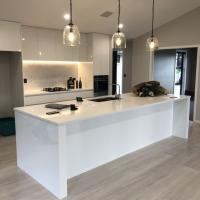 China Designer Solid Wood Melamine LED Sensor Light Cabinet Prefab Modular Kitchen Cabinets for sale