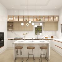 China Designer Solid Wood Melamine LED Sensor Light Cabinet Prefab Modular Kitchen Cabinets for sale