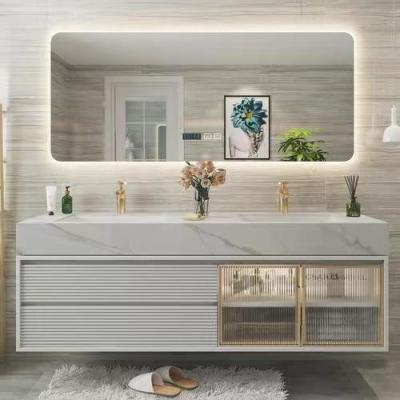 China Organize Your Bathroom with YALIG Custom Vanity Cabinet Double Sink and Silver Mirror for sale