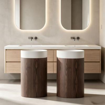 China Stain Resistant Travertine Pedestal Sink Woodgrain & White Bowl Custom for sale