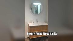 Wall Mounted Fluted Wood Bathroom Vanity Cabinet with Integrated White Solid Surface Sink & LED Mirr