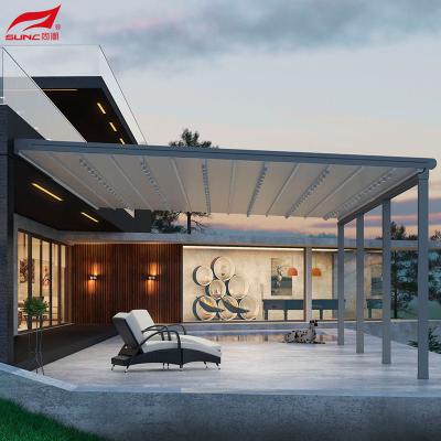 China Pergola in alluminio impermeabile Pergola a tetto retrattile con strisce di luce a LED e finitura di vela in PVC for sale