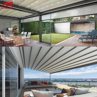 Cina Pergola in alluminio impermeabile Pergola a tetto retrattile con strisce di luce a LED e finitura di vela in PVC in vendita