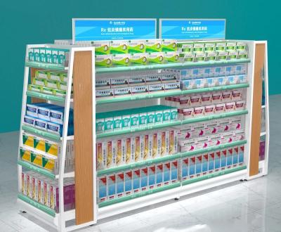 China Blue Pharmacy Display Shelves Pharmacy Storage Racks With Double / Single Side for sale