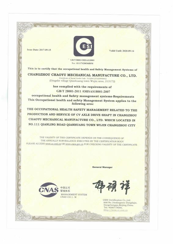 OHASH18001:2007 - Changzhou Chaoyu Mechanical Manufacture Co., Ltd.