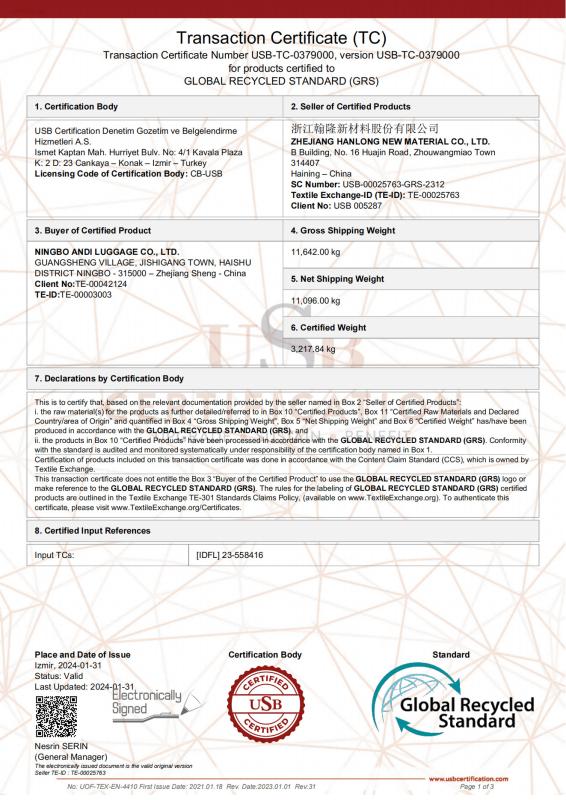 GRS Certificate - Zhejiang Hanlong New Material Co., Ltd.