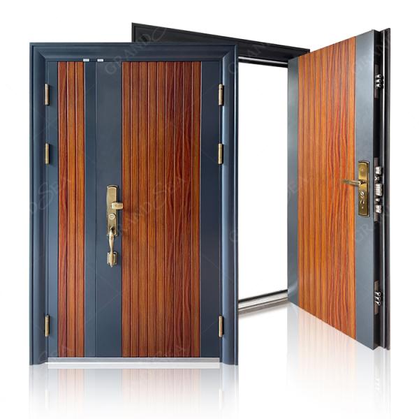 Quality 2022 New Design Latest Modern Style Grey Wooden Texture High Grade Burglar Proof Strong Security Steel Front Entry Door for sale