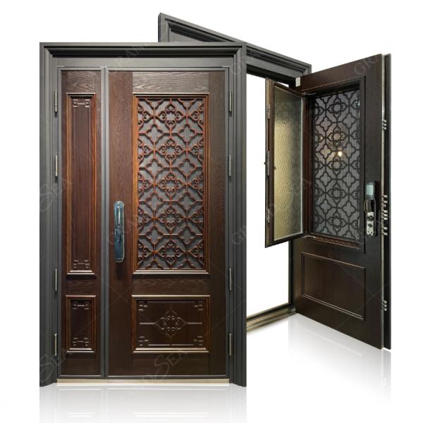 Quality Modern Design Wooden Grain Anti-theft Door Villa Multi Lock Point Front Safety Steel Door Exterior Security Door for sale