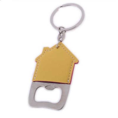 China Blank Promotion Gift House Shape Leather Stainless Steel Bottle Opener Tag Keychain for sale