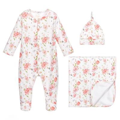 China wholesale baby rompers 3pcs hat blanket newborn gift set solid color long sleeve organic cotton baby clothes for 0-24m infant for sale