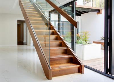 China modern wood stairs with 12mm tempered glass and wooden handrail for sale