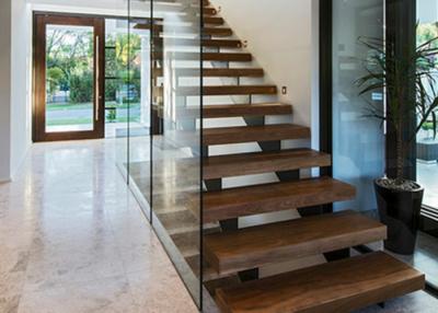 China 304s.s indoor straight wooden staircase with tempered glass balustrade for sale