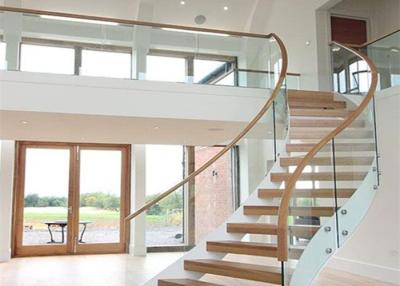 China 40mm Thailand wood curved  staircase with tempered clear glass railing top railing for sale