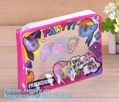China O vinil durável com leva o saco do trem do punho, sacos cosméticos do zíper com slider dobro, pvc relativo à promoção do costume do curso pequeno à venda