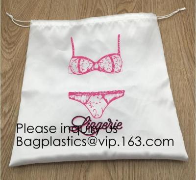 China De aangepaste Drawstring-Zak van de Kophouder, Witte Satijnzak met Rose Gold Printing And Ribbon, swimwear, ondergoedpakket pac Te koop