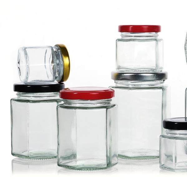 Quality Hexagon Shaped Honey Jam Jar Glass 180ml /280ml / 380ml 250g 390g 500g Food Jars With Cover for sale