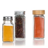 Quality 4oz Kitchen Storage Square Container Bottles Acacia Wooden Glass Spice Jars With for sale