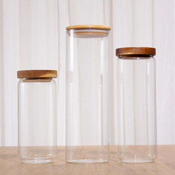 Quality Stripe Borosilicate Glass Jar with Acacia Wood Screw Lid for sale