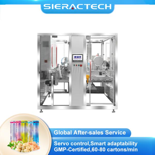 Quality Automatic Stick Candy Cartoning Machine with Rotary Vacuum Suction and Multi-Pusher Continuous Feeding for sale